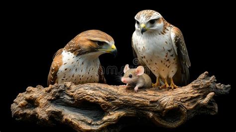Stark Contrast Predators And Prey Two Hawks And A Mouse On A Branch
