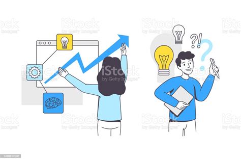 남자와 여자가 있는 비즈니스 프로젝트 전구와 그래프 화살표가 있는 캐릭터 시작 개요 벡터 세트로 작업 일러스트레이션에 대한 스톡