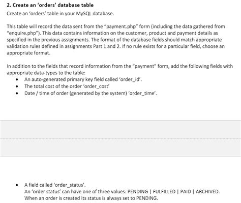 Create An Orders Database Table Create An Chegg