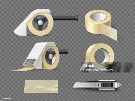 홀더가있는 현실적인 접착 테이프 노란색 자체 접착 종이 장착 테이프 다른 각도보기 다양한 장치 모형 칼 롤 패스너 3d 배달 포장 Utter 벡터 세트 접착 테이프에 대한