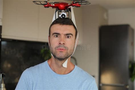 Man About To Fly With Drone Attached To His Head Stock Image Image Of