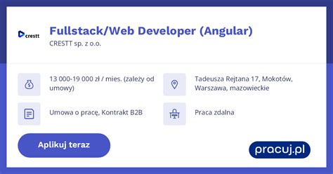 Oferta Pracy Fullstackweb Developer Angular Crestt Sp Z Oo Warszawa