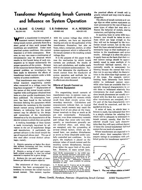 Transformer Magnetizing Inrush Currents And Influence On System Operation Pdf Transformer