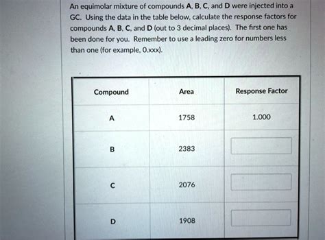 SOLVED: An equimolar mixture of compounds A, B, C, and D was injected into GC. Using the data in ...