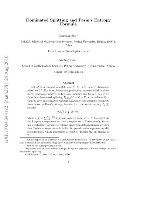 Pdf Dominated Splitting And Pesins Entropy Formula