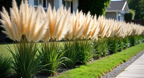 Fluffy Pampas Grass Plants Line Flowerbed In Street Tall Stalks With