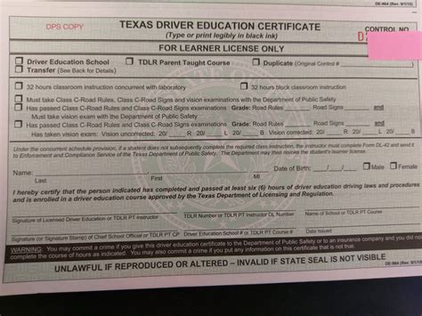Texas Driver Education Certificate Of Completion Prntbl