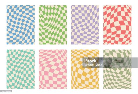 옅은 파스텔 색상의 그루비 물결 모양의 사이키델릭 바둑판의 복고풍 세트 A4 Y2k 90년대 휴대폰 케이스 배경 히피 체스판 템플릿입니다 60 년대 70 년대의 사이키델릭