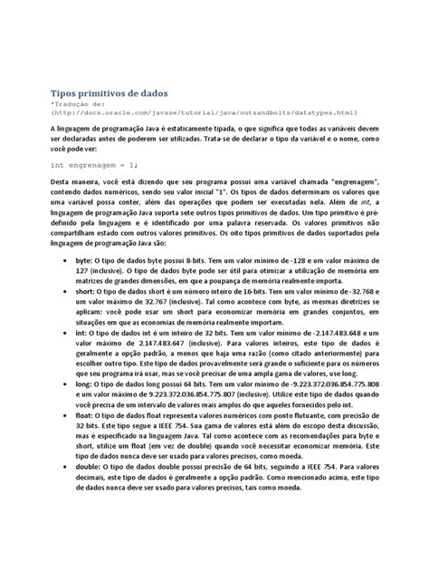 Tipos Primitivos De Dados Em Java Pdf Tipo De Dados String