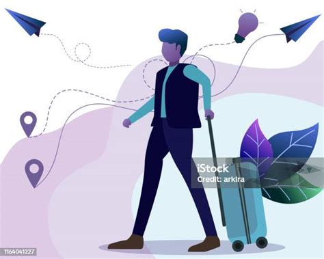 출장 중 바퀴가 달린 짐을 들고 있는 사업가 비즈니스 여정의 일러스트 출장을 다녀와 사무실을 떠난다 여행 컨셉 벡터