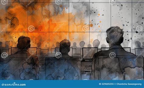 Artistic Illustration Of People Facing Computers With An Abstract Fiery