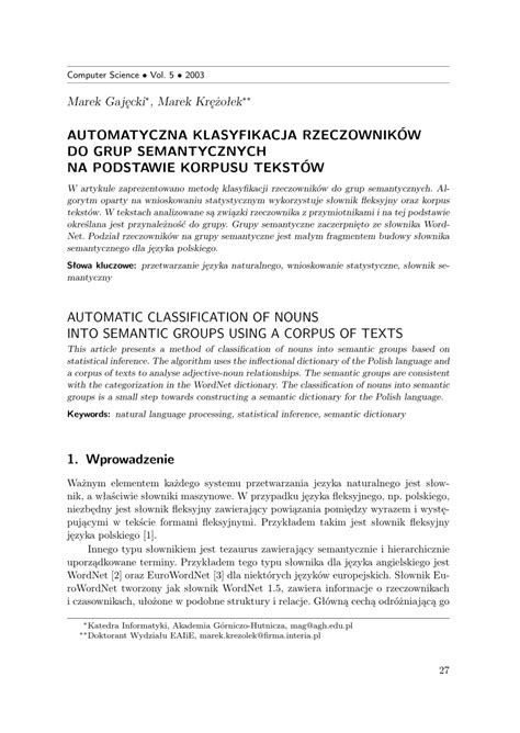 Pdf Automatic Classification Of Nouns Into Semantic Groups Using A Corpus Of Text
