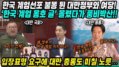대만반응│한국 계엄 옹호 글 올린 대만 집권여당 민진당│야당과 국민의 분노와 입장표명 요구│불똥 튄 대만총통도 대만정부도 여당도 지금 미칠지경│중국어로 路 Youtube