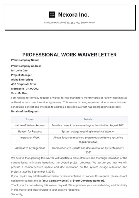 Free Professional Work Waiver Letter Template To Edit Online