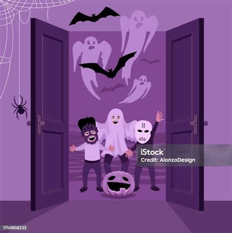 할로윈 포스터 트릭 오어 트릿 다양한 의상을 입은 아이들이 할로윈을 축하합니다 웃는 호박 귀신에 대한 스톡 벡터 아트 및 기타 이미지 Istock