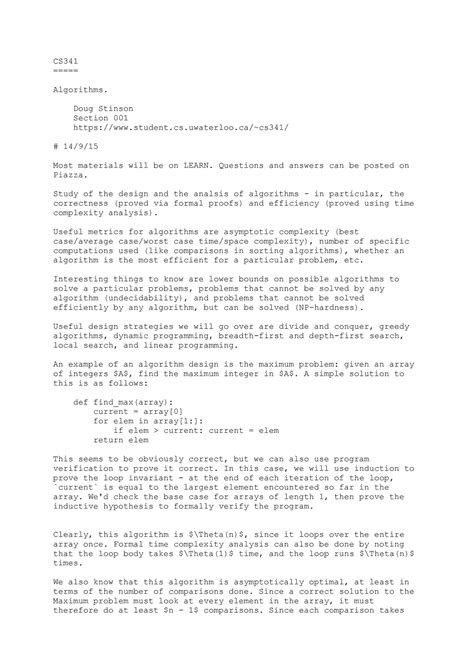 Cs341 Lecture Notes Cs Algorithms Doug Stinson Section 001