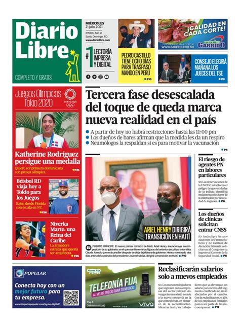 Portada Periódico Diario Libre Miércoles 21 Julio 2021 Dominicanado