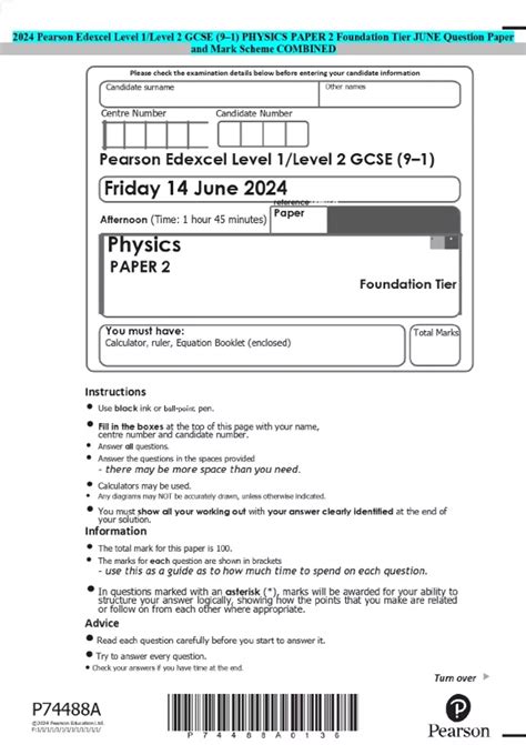 2024 Pearson Edexcel Level 1 Level 2 Gcse 9 1 Physics Paper 2 Foundation Tier June Question