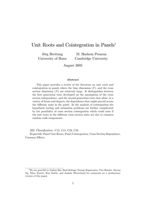 Pdf Unit Roots And Cointegration In Panels