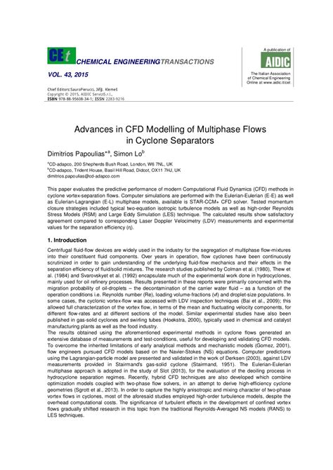 Pdf Advances In Cfd Modelling Of Multiphase Flows In Cyclone Separators