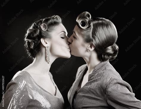 Two Lesbian Women Kissing Retro Film Noir Style Lgtb Portrait With