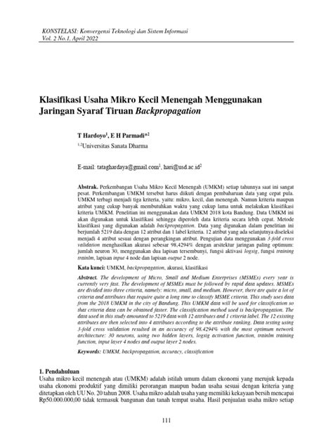 Klasifikasi Usaha Mikro Kecil Menengah Menggunakan Jaringan Syaraf Tiruan Backpropagation Pdf