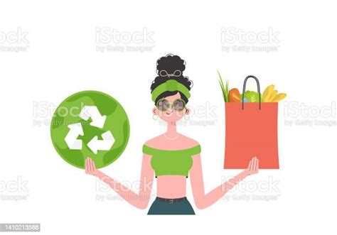 여자는 허리 깊숙이 보이고 손에 건강 식품 가방을 들고 Eko 아이콘을 보여줍니다 흰색 배경에 고립되어 있습니다 트렌드 스타일 벡터 일러스트레이션 가방에 대한 스톡 벡터