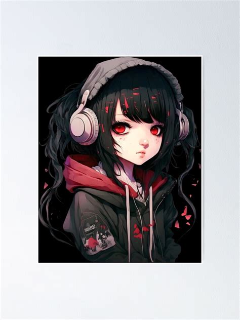 Cute Anime Girl In Hoodie And Headphones Red Black Aesthetic