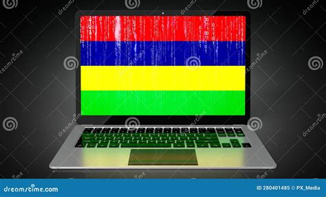 Mauritius Country Flag And Binary Code On Laptop Screen Stock