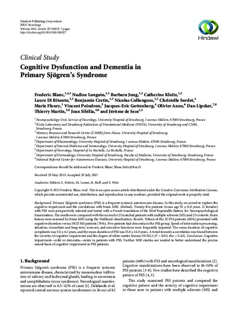 Pdf Cognitive Dysfunction And Dementia In Primary Sjogrens Syndrome