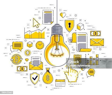 빛나는 전구 와 아이콘 비즈니스 아이디어 창조적 인 개념 전자 상거래 비유 인터넷 비즈니스 마켓 플레이스 또는 온라인 상점 벡터 일러스트레이션의 집합 0명에 대한 스톡 벡터