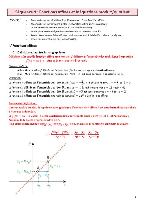 Cours Sequence 9 Affine Séquence 9 Fonctions Affines Et Inéquations Produit Quotient