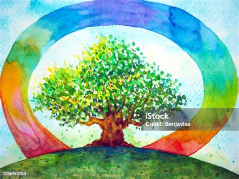 추상 무지개 하늘 자연 나무 지구 영적 마음 정신 치유 수채화 디자인 일러스트 드로잉 전체론적 예술 성장 개념에 대한 스톡 벡터 아트 및 기타 이미지 Istock