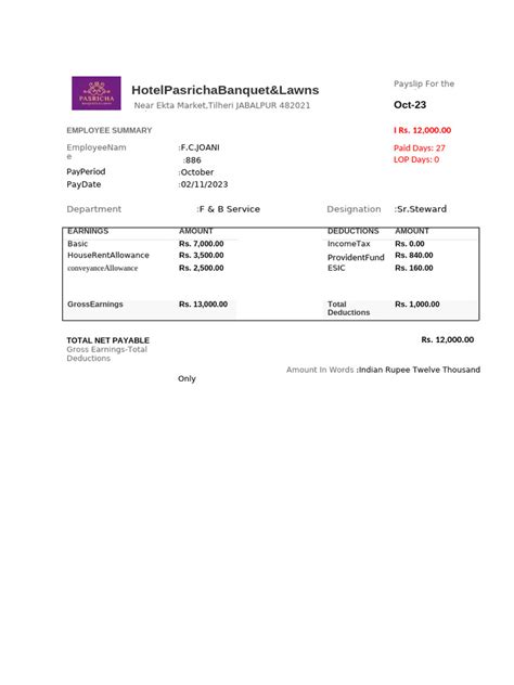 Sample Salary Slip Of Company 3 Pdf Paycheck Payments