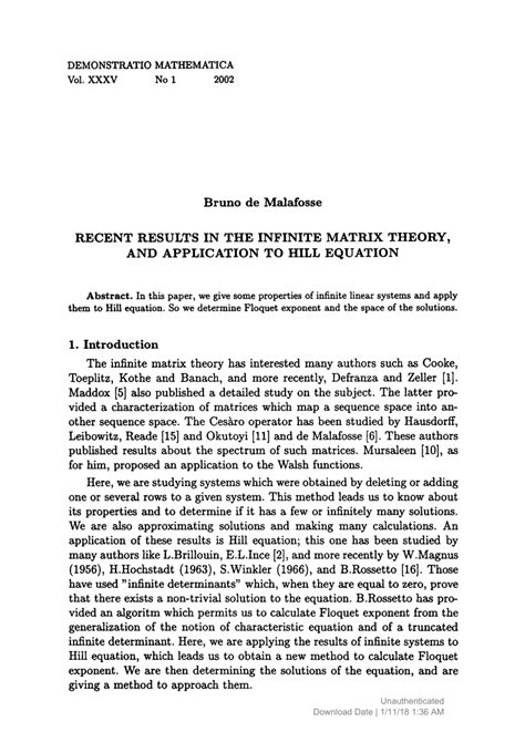 Pdf Recent Results In The Infinite Matrix Theory And Application To Hill Equation