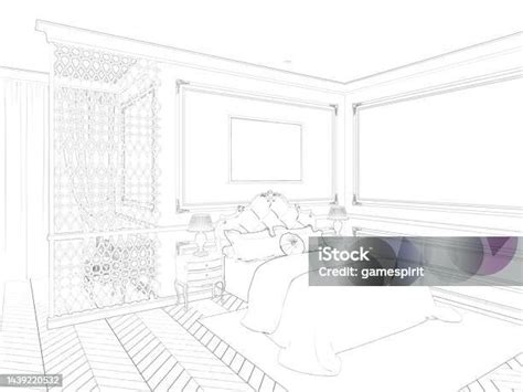 몰딩이있는 벽에 수평 포스터가있는 클래식 침실의 스케치 침대 측면의 침대 옆 탁자에 램프 고급 헤드 보드 및 개방형 파티션 0명에 대한 스톡 벡터 아트 및 기타 이미지