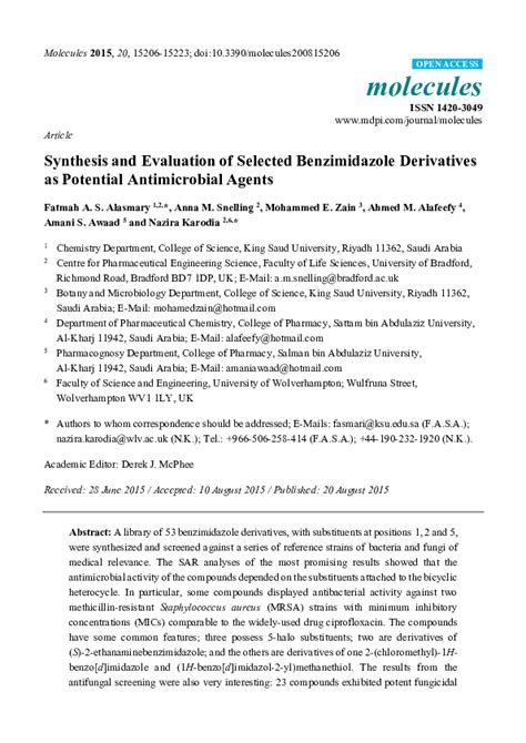 Pdf Article Synthesis And Evaluation Of Selected Benzimidazole Derivatives As Potential