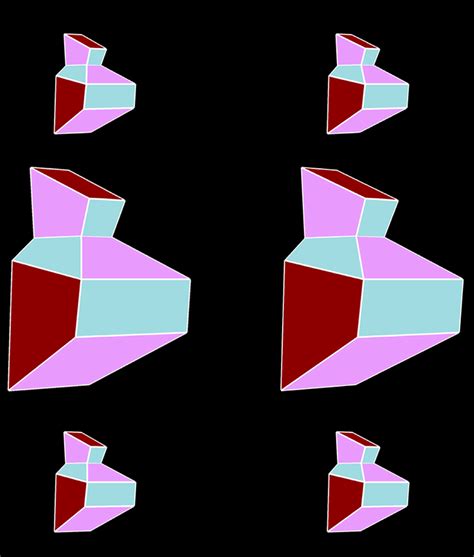 three stereograms of polyhedral objects one of the smaller ones has