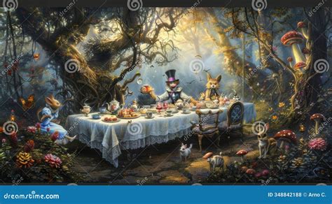 Enchanting Wonderland Tea Party With Alice And Eccentric Characters Stock Illustration