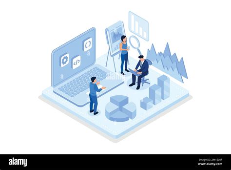 people characters working with data visualization on laptop man and
