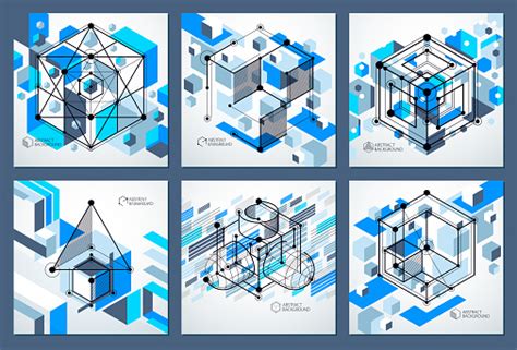 선형 차원 큐브 모양 벡터 3d 메시 요소로 설정된 아이소메트릭 추상 파란색 배경입니다 큐브 육각형 사각형 사각형 및 다른 추상 요소의 레이아웃입니다 3차원 형태에 대한