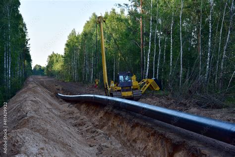 Natural Gas Pipeline Construction Work In Forest Area Petrochemical Pipe On Top Of Wooden Natural Gas Pipeline Construction Work In Forest Area Petrochemical Pipe On Top Of Wooden