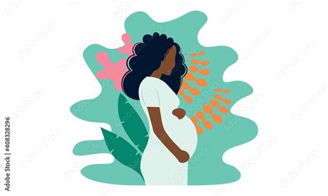 Young Beautiful Pregnant Black Woman In Nature Concept For Pregnancy