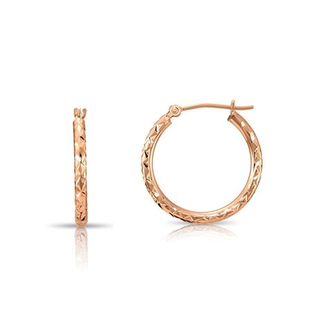 14k Rose Gold Hoop Earrings Hand Engraved X Pattern Small Medium