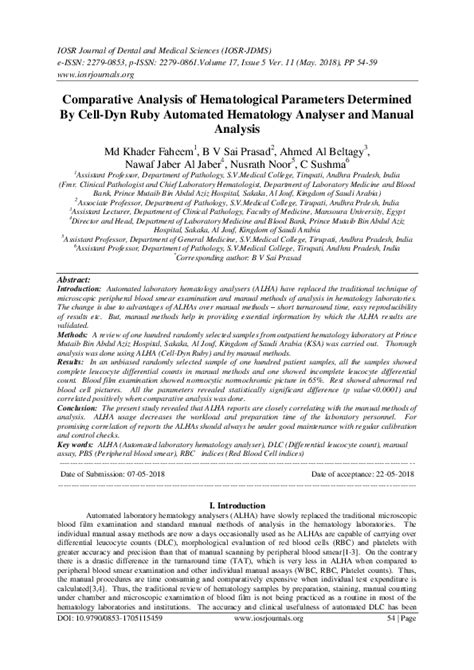 Pdf Comparative Analysis Of Hematological Parameters Determined By Cell Dyn Ruby Automated