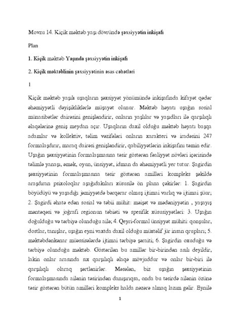 Kiçik Mekteb Yaşı Dövründe Şexsiyyetin Inkişafı Pdf