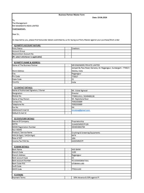 rhi vendor master data pdf business