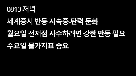 0813 세계증시 반등 지속 중 탄력 둔화 전저점 사수를 위해서는 강한 반등이 필요 수요일 Cpi 중요 Youtube