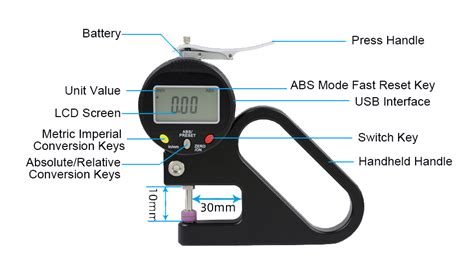 High Precision Digital Thickness Gauge 30mm Depth 0001mm Resolution