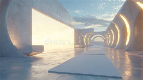 Futuristic Concrete Structure With Circular Openings And Glowing Lights Stock Illustration